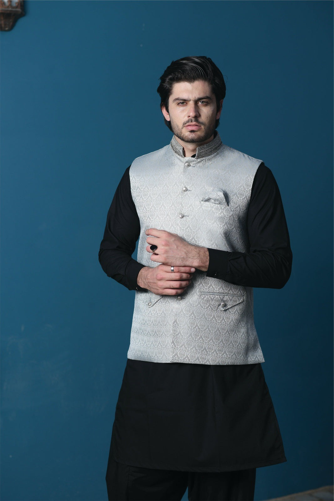 Bareeq Outfits - Grey Embroidered Waistcoat – Western.pk