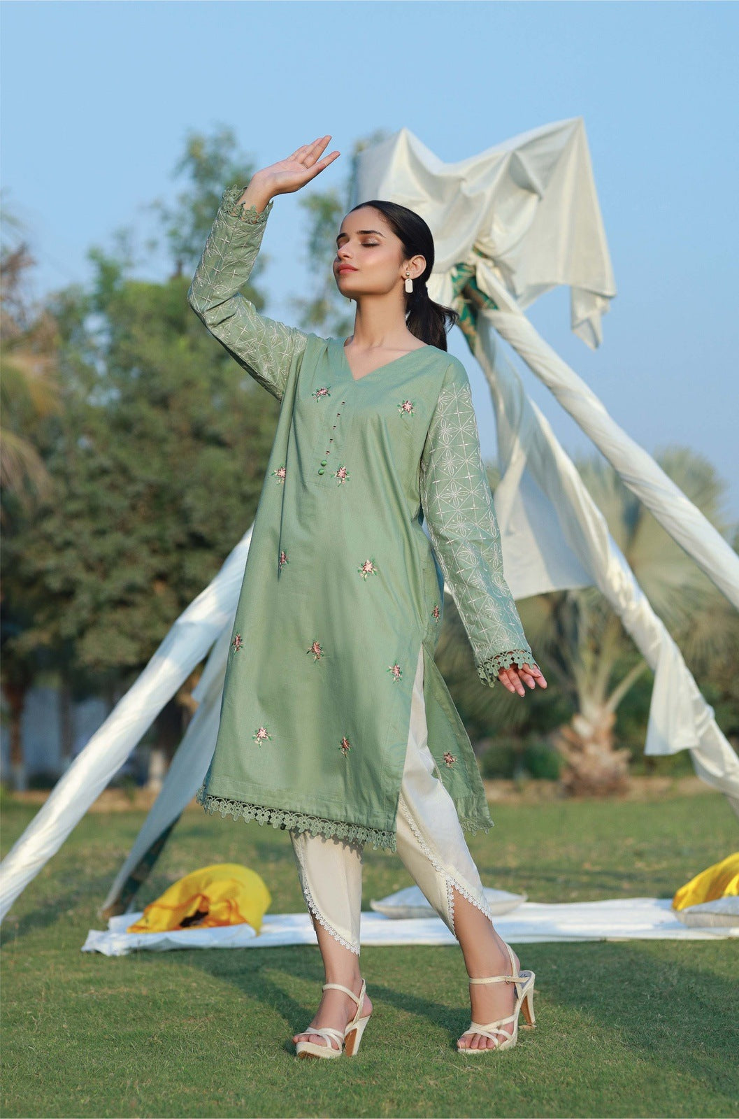Bareeq Outfits - Imperial Pistachio Embroidered Cambric Shirt – Western.pk